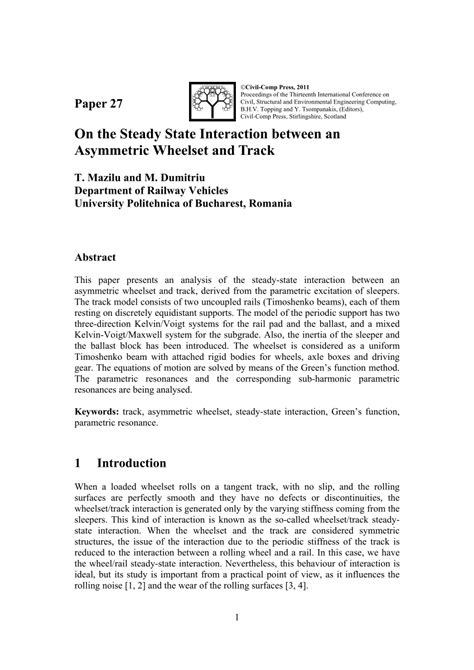 Pdf On The Steady State Interaction Between An Asymmetric Wheelset And Track