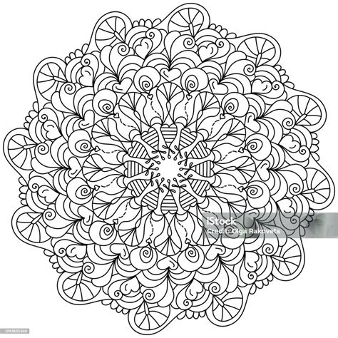안티 스트레스 만다라 색칠 페이지 의 선 곱슬 과 화려한 엉킴 발렌타인 데이명상 그리기 0명에 대한 스톡 벡터 아트 및 기타 이미지 0명 강렬하고 밝은 색상 건축물