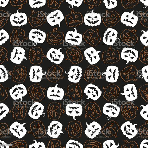 무서운 오렌지와 흰색 호박은 검은 색 배경에 매끄러운 패턴을 머리 할로윈 휴일 장식 벡터 일러스트레이션을 쉽게 편집하고 사용자 정의할 수 있습니다 Eps10 10월에 대한