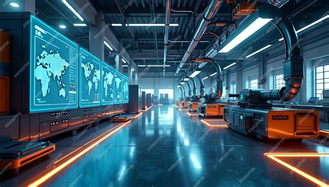 Futuristic Factory With Advanced Robotics And Holographic Interfaces Cyberpunk Aesthetic In