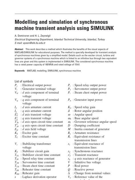 Modelling And Simulation Of Synchronous Machine Transient Analysis Pdf Matlab Turbine
