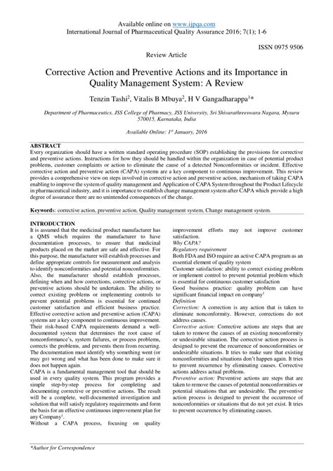 Pdf Corrective Action And Preventive Actions And Its Importance In
