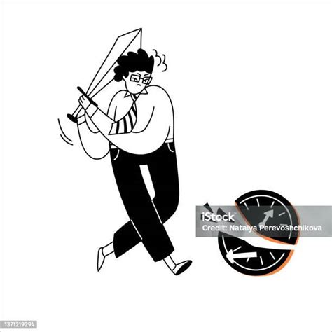 화가 난 남성 캐릭터는 사무직 노동자입니다 안경을 쓴 남자가 칼을 휘두를 시계를 끊습니다 시간 때우기 격리된 흰색 배경의 낙서 스타일로 손으로 그린 그림 벡터입니다 검에