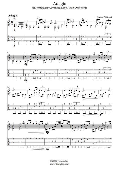 Adagio Nivel Intermedio Avanzado Con Orquesta Albinoni Tablaturas Y Partitura Guitarra