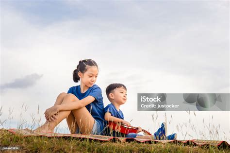 야외에서 즐거운 시간을 보내는 기타를 가진 행복한 소년과 소녀 야외에서 노는 사랑스러운 형제와 자매의 초상화 정원에서 노래를 부르는 아시아 아이들 2 3 살에 대한 스톡