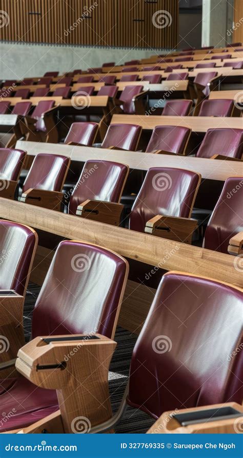 Modern Lecture Hall With Rows Of Empty Red Chairs And Wooden Desks In An Educational Institution