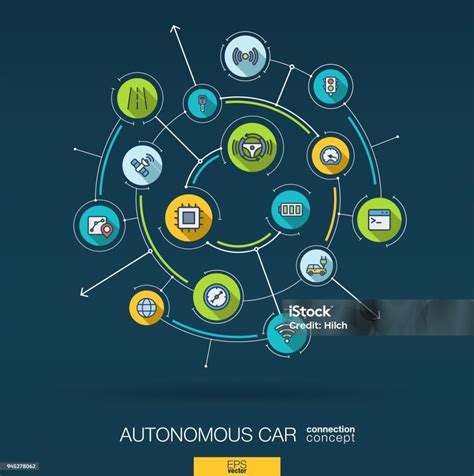 추상 자치 전기 자동차 자동 운전 자동 배경 디지털은 시스템 통합된 원 연결 편평한 얇은 라인 아이콘 벡터 Infographic 테크놀로지에 대한 스톡 벡터 아트 및 기타