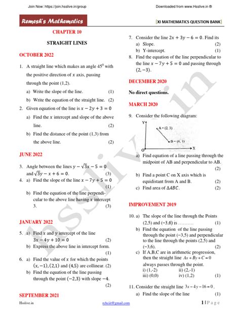 Hsslive Xi Maths Qb 10 Straight Lines Pdf Line Geometry Slope