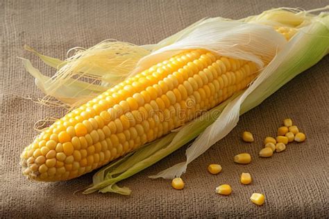 Single Corn Cob On Brown Sackcloth Background Viewed From Side Stock Illustration