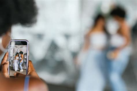 Mobile Screen While Women Recording A Video Dancing Outdoors Stock Photo Image Of Closeup