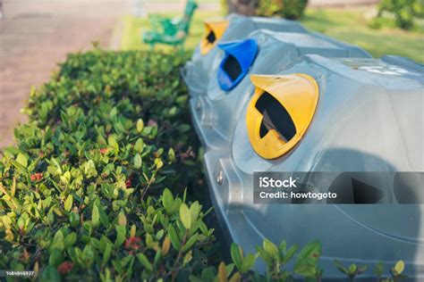 쓰레기통 분류용 쓰레기통 휴지통 폐플라스틱 용기 수거 재사용 감소 재활용 분류 과정 녹색 정원의 지속 가능한 생활 방식 쓰레기 쓰레기통 플라스틱 상자 0명에 대한 스톡 사진