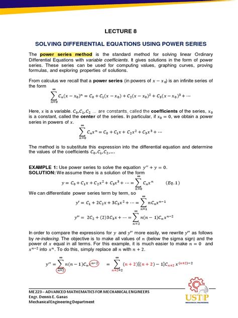 Lecture 8 Solving De Using Power Series Pdf Power Series