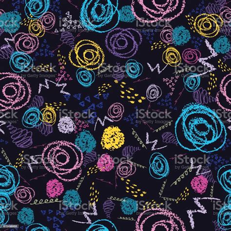 벡터 브러시 획과 원 화려한 완벽 한 패턴입니다 분홍색 노란색 녹색 파란색 검은 배경입니다 손으로 그린 잉크 그레인 텍스처 요소