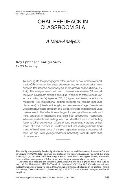 Pdf Oral Feedback In Classroom Sla A Meta Analysis