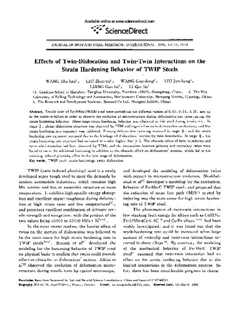 Pdf Effects Of Twin Dislocation And Twin Twin Interactions On The Strain Hardening Behavior Of