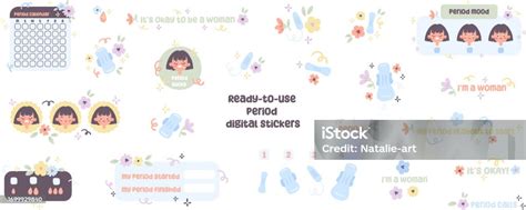 생리 추적기 레터링 라벨 및 소녀들을 위한 귀여운 일러스트레이션 태그 불렛 저널링 또는 계획을 위해 디지털 스티커를 사용할 준비가 되었습니다 월경 주기 추적 여자의 건강