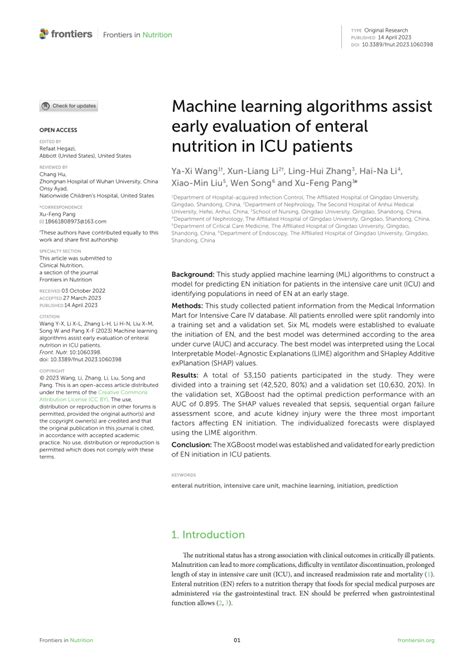 Pdf Machine Learning Algorithms Assist Early Evaluation Of Enteral