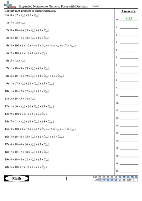 Expanded Notation To Numeric Form With Decimals Worksheet With Answer