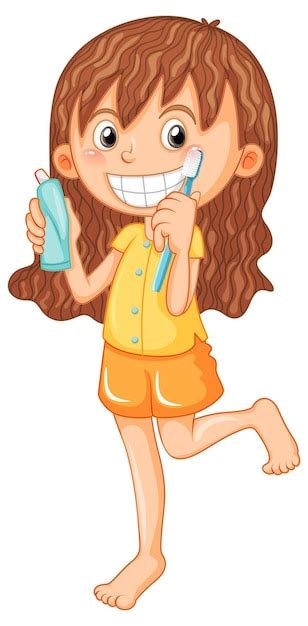 Linda Chica Personaje De Dibujos Animados Cepillarse Los Dientes Vector Premium