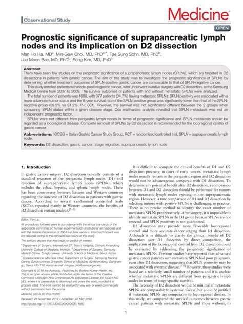 Pdf Prognostic Significance Of Suprapancreatic Lymph Nodes And Its Implication On D2 Dissection