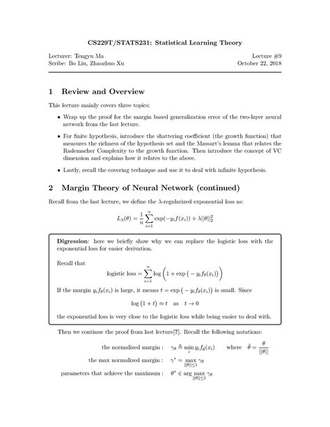 10 22 Final Lecture Notes On Statistical Learning Theory Cs229tstats231 Statistical