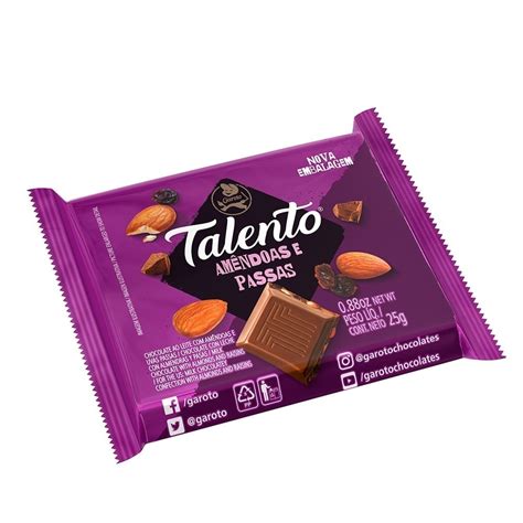 Chocolate Talento Uvas Passas E Amêndoas 25g Embalagem Com 15 Unidades