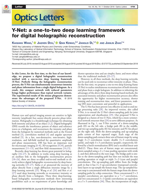 Pdf Y Net A One To Two Deep Learning Framework For Digital Holographic Reconstruction