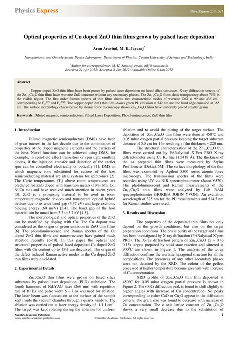Pdf Optical Properties Of Cu Doped Zno Thin Films Grown By Pulsed Laser Deposition