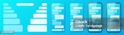 화려한 파란색 배경에 메시징 앱이 있는 현실적인 스마트폰 빈 Sms 텍스트 프레임입니다 투명한 메시지 거품이 있는 채팅 화면