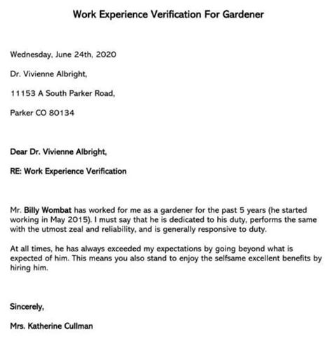 Sample Work Experience Verification Letters For Employers