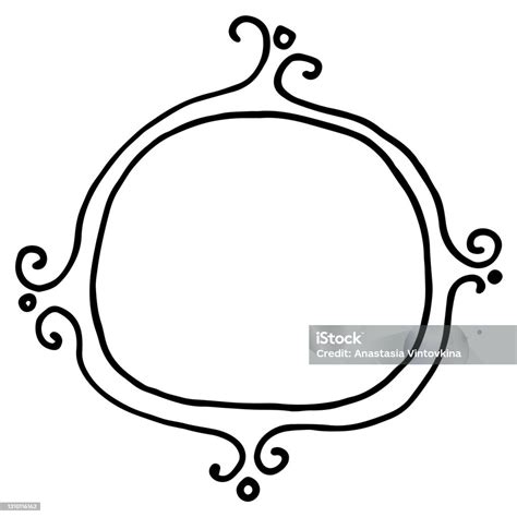 중앙에 컬과 점이 있는 선이 있는 둥근 프레임의 벡터 격리 된 요소와 낙서 스타일로 손으로 그려진 검은 선이있는 텍스트의 빈 공간 둥근 모서리와 트위스트 선이 있는 사각형