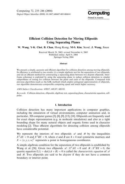 pdf efficient collision detection for moving ellipsoids using