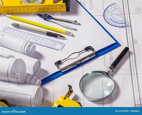 Architect Tools On Blueprint Stock Image Image Of Drafting Document
