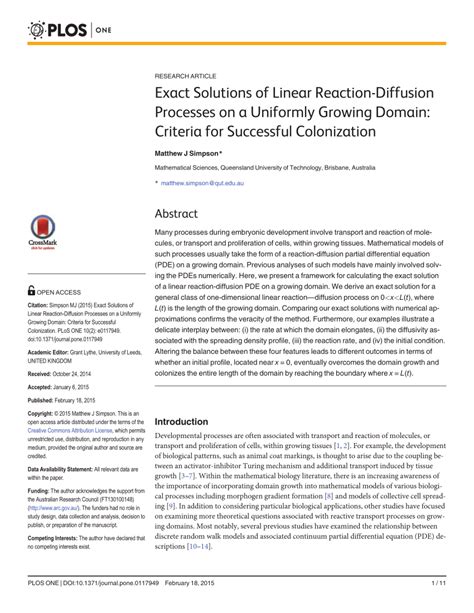 Pdf Exact Solutions Of Linear Reaction Diffusion Processes On A Uniformly Growing Domain
