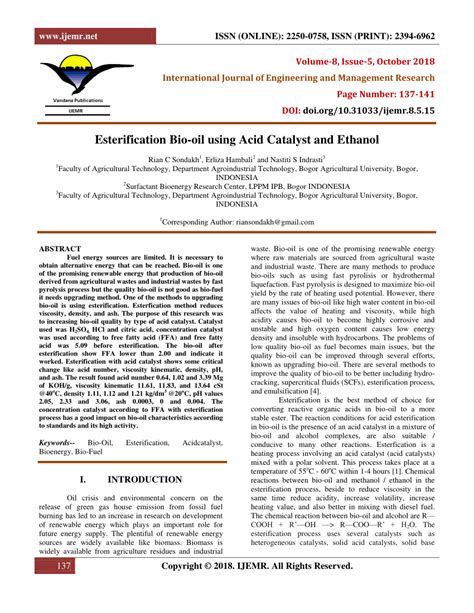 Pdf Esterification Bio Oil Using Acid Catalyst And Ethanol