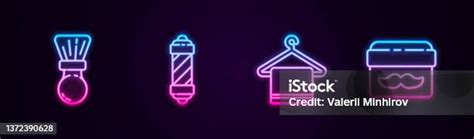 세트 라인 쉐이빙 브러쉬 클래식 이발소 장대 옷걸이에 수건과 크림 또는 로션 화장품 항아리 빛나는 네온 아이콘 벡터 건조한에 대한 스톡 벡터 아트 및 기타 이미지 Istock