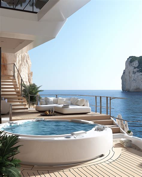 Luxury Super Yacht Jacuzzi Deck With Ocean Cliff Views In 2025 Yacht