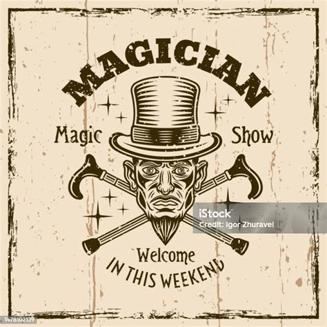 서커스 마술 쇼 실린더 모자를 쓴 마술사 두 개의 교차 지팡이 그런지 질감이 있는 배경의 그림 공연에 대한 스톡 벡터 아트 및 기타 이미지 Istock