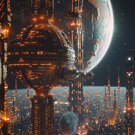 Futuristic Space Station Orbiting Planet Premium Ai Generated Image