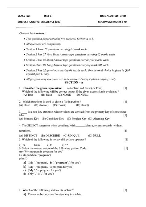 Computer Science Class 12 Sample Question Paper Computer Science