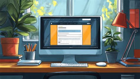 A Digital Sketch Of Modern Workspace Featuring Computer Displaying Website Layout Surrounded By