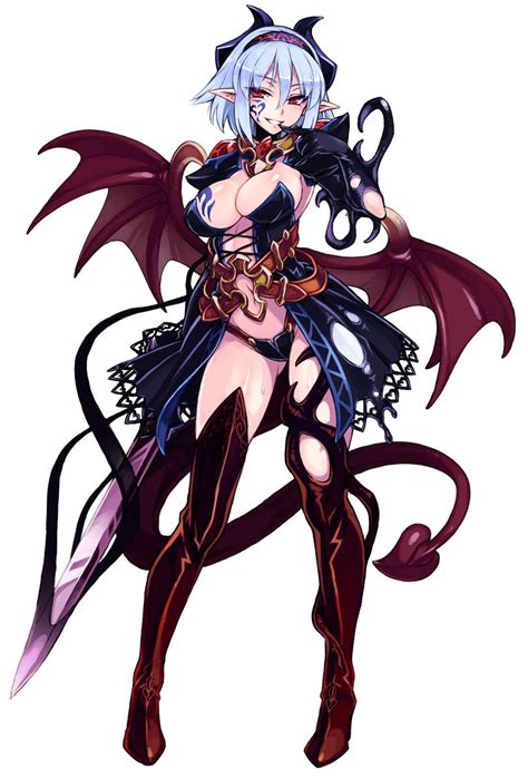 1girl Batwings Bluehair Breasts Cleavage Demongirl Highres Horns
