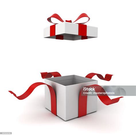 레드 리본 오픈 선물 상자 선물 상자 활 그림자 3d 렌더링에 고립 된 흰색 배경 선물에 대한 스톡 사진 및 기타 이미지 선물 선물 상자 열기 Istock
