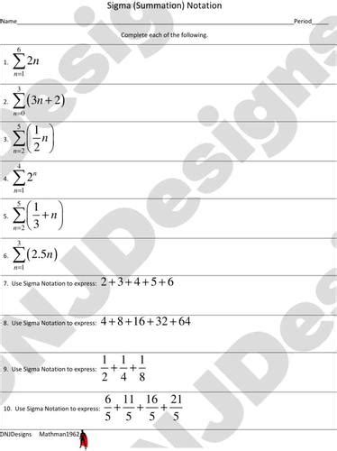 Sigma Summation Notation Printable Handout Worksheet Tpt