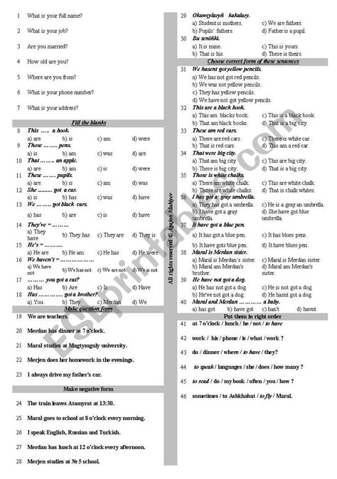 Basic Grammar Test ESL Worksheet By Agajanm