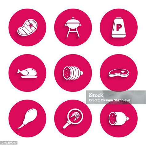 세트 살라미 소시지 프라이팬에 생선 스테이크 스테이크 고기 닭 다리 구운 칠면조 또는 닭고기 후추 및 아이콘 벡터 고기에 대한 스톡 벡터 아트 및 기타 이미지 Istock