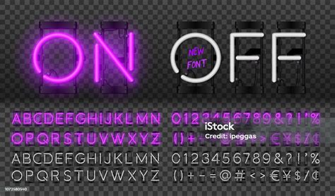 큰 보라색 네온 세트 빛나는 알파벳 벡터 글꼴 빛나는 텍스트 효과 켜고 램프 네온 숫자와 문장 부호 투명 한 배경에 고립 0명에
