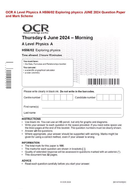 OCR A Level Physics A H Exploring Physics JUNE Question Paper And Mark Scheme OCR