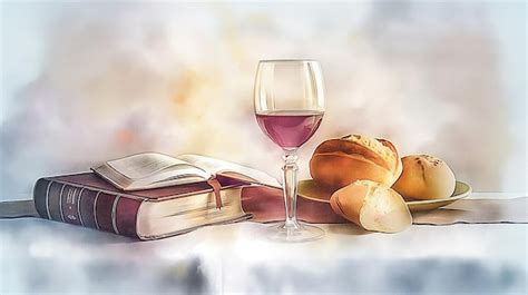 Biblia Vino Vaso Pan En La Mesa Cena Del Señor En La Tradición