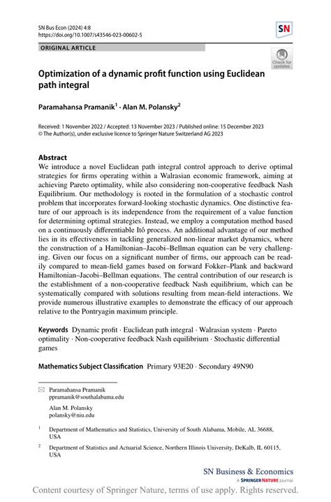 Optimization Of A Dynamic Profit Function Using Euclidean Path Integral